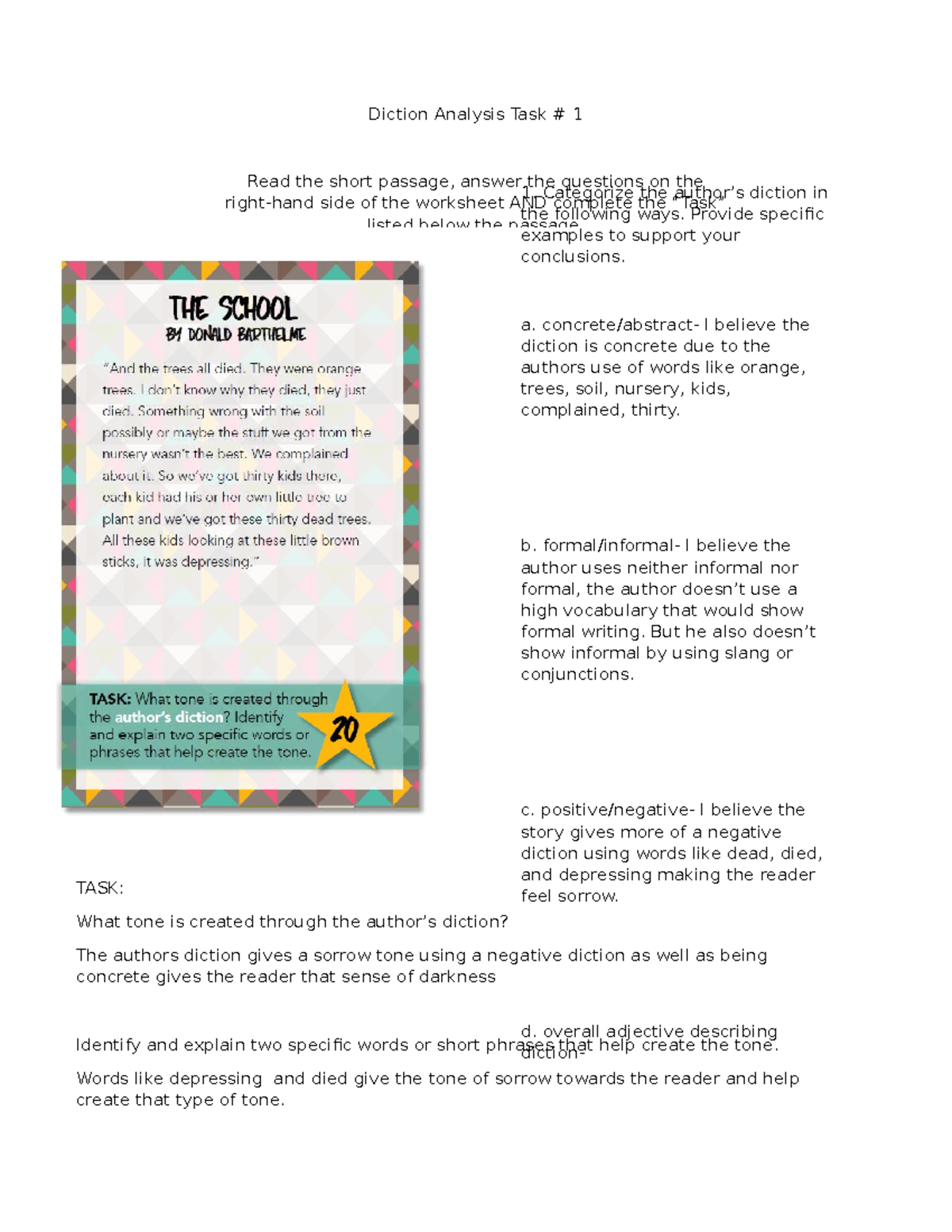 Diction Analysis Task #1 - Categorize the author’s diction in the ...