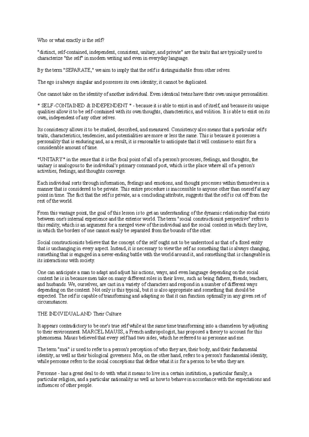 Self Society and culture - Who or what exactly is the self? "distinct ...