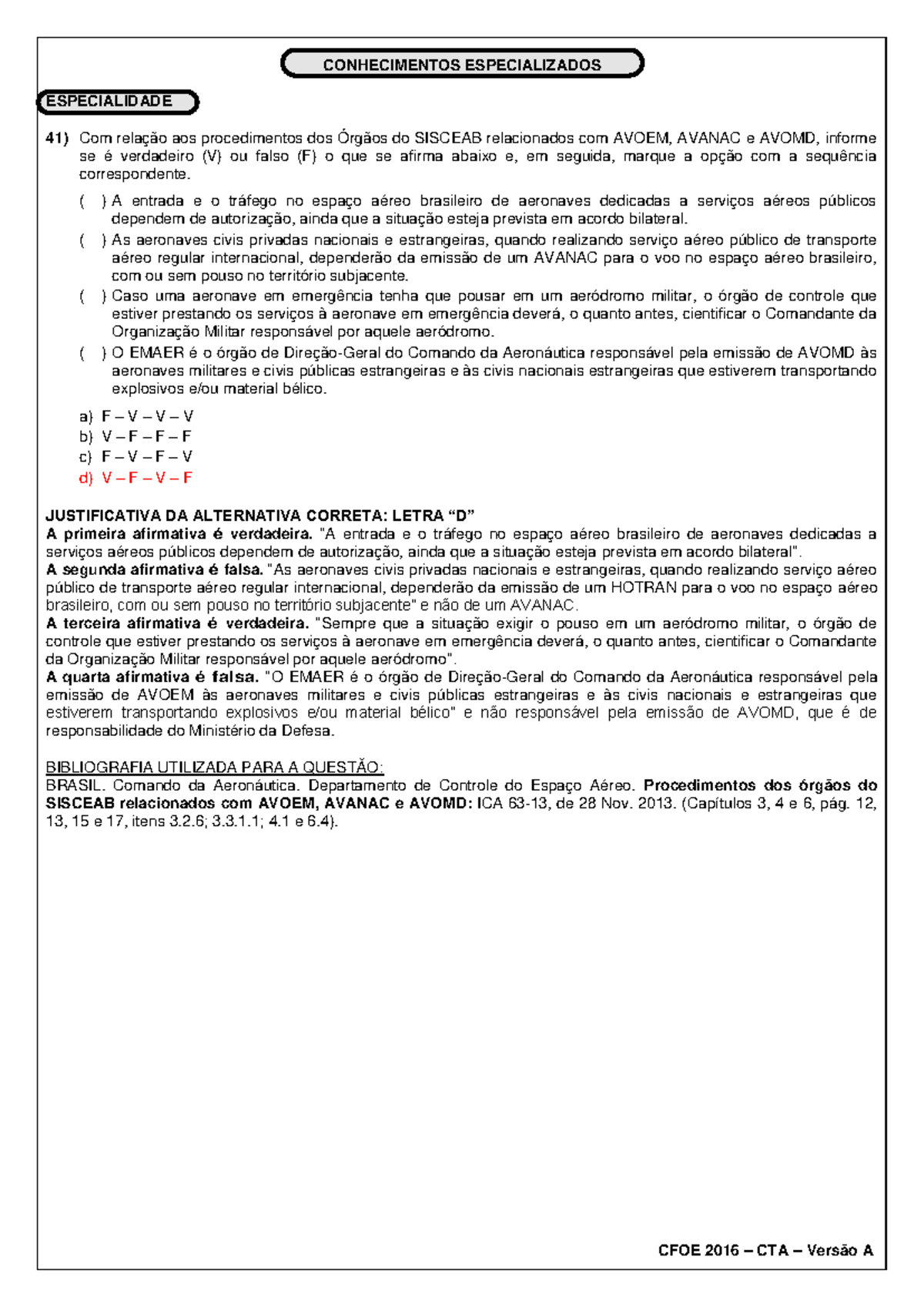 CFOE 16 CTA - CFOE 2016 – CTA – Versão A CONHECIMENTOS ESPECIALIZADOS ...
