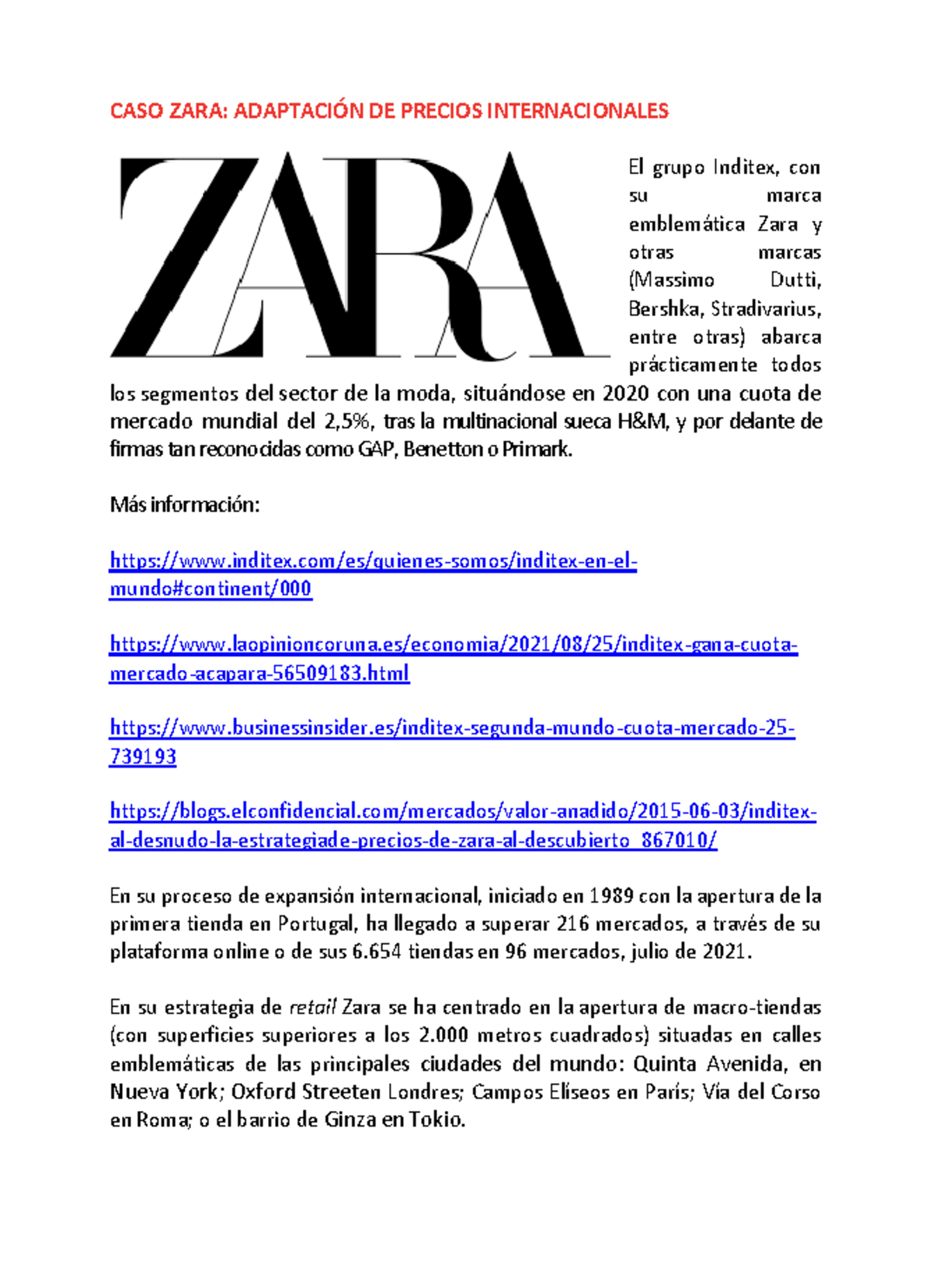 Caso ZARA - Jose Luis - CASO ZARA: ADAPTACIÓN DE PRECIOS ...