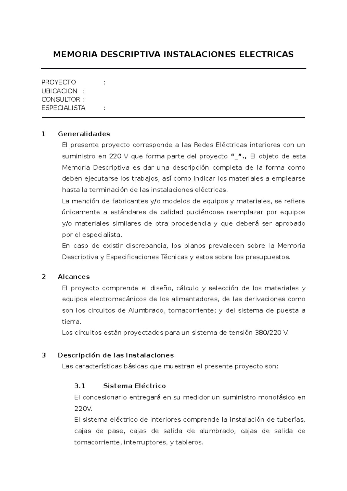 Memoria Descriptiva Electricas - MEMORIA DESCRIPTIVA INSTALACIONES ELECTRICAS PROYECTO ...
