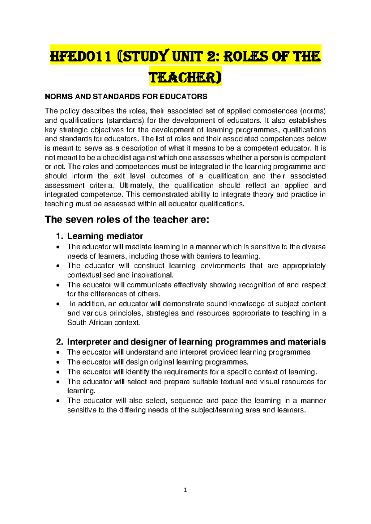 HFED011 ( Study UNIT 2 Roles OF A Teacher) - 1 HFED011 (Study unit 2 ...
