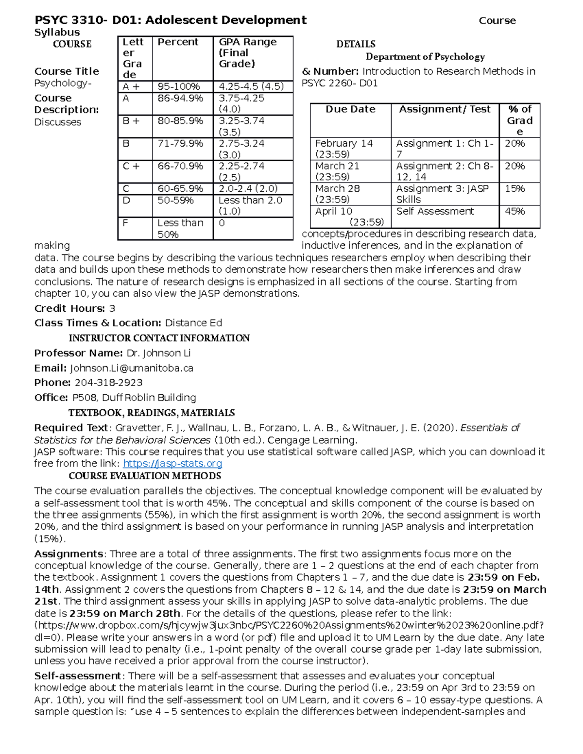 PSYC 3350 Calendar - Behavioural Neuroscience Course Overview Winter 2023 - Syllabus COURSE ...