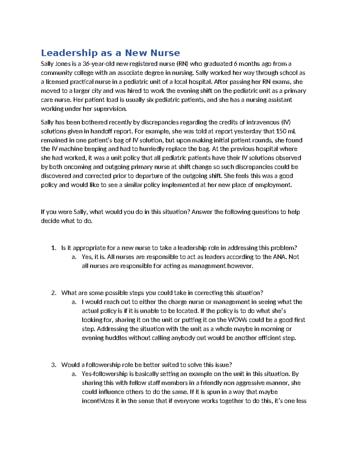 Leadership as a New Nurse Scenario done - Leadership as a New Nurse ...