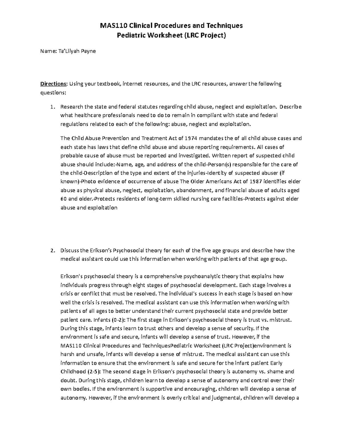 MAS110 Week 5 Pediatric Worksheet - MAS110 Clinical Procedures and ...