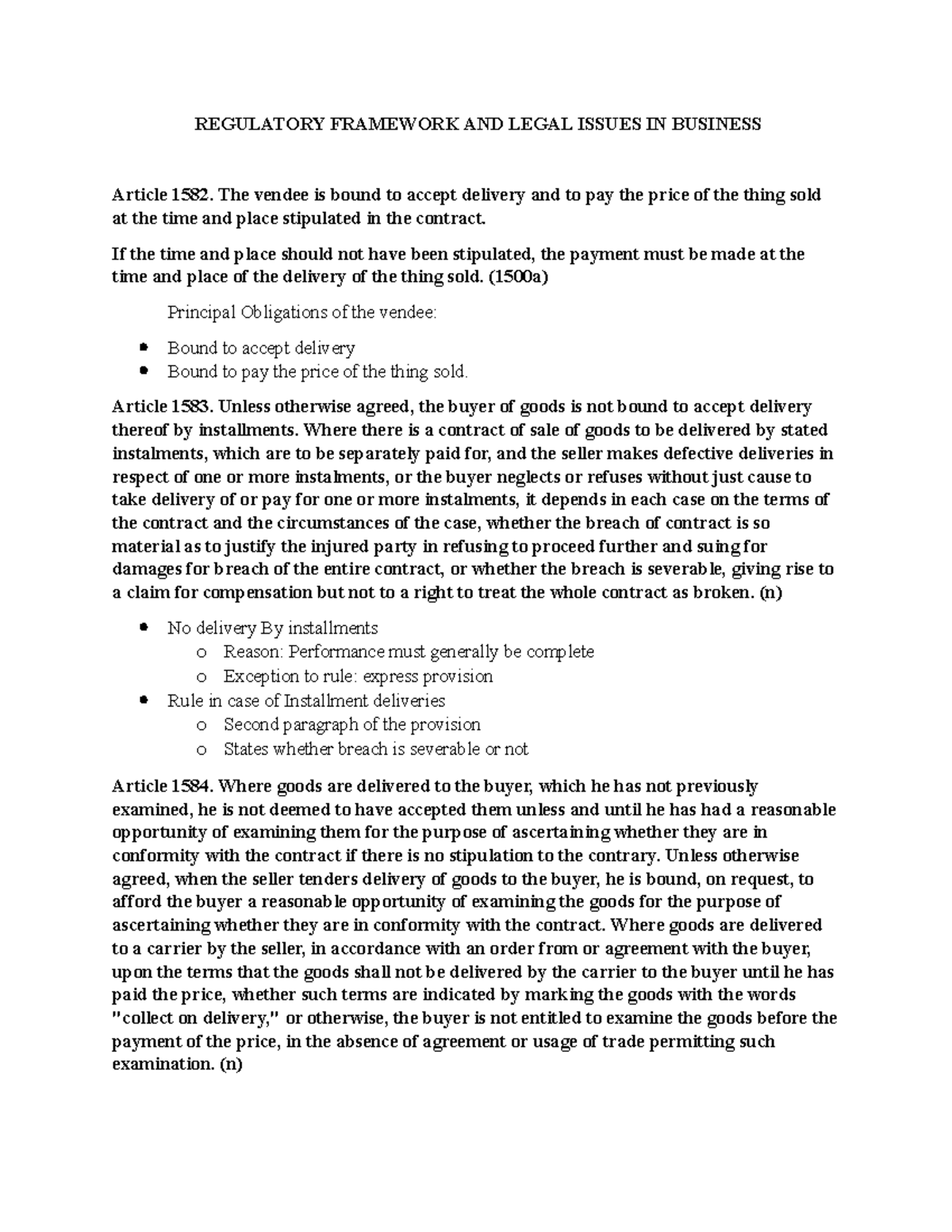 Art. 1582 - 1637. RFBT Notes - REGULATORY FRAMEWORK AND LEGAL ISSUES IN ...