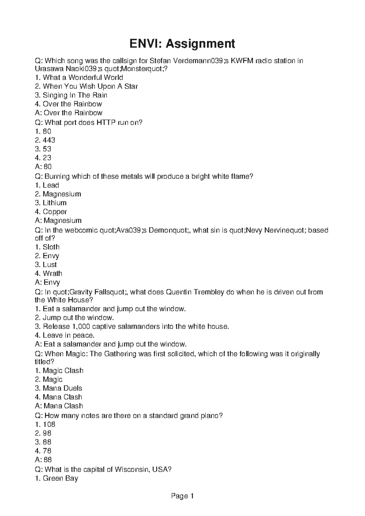 ENVI173-Research-9 - ENVI173-Test-7 - ENVI: Assignment Q: Which song ...