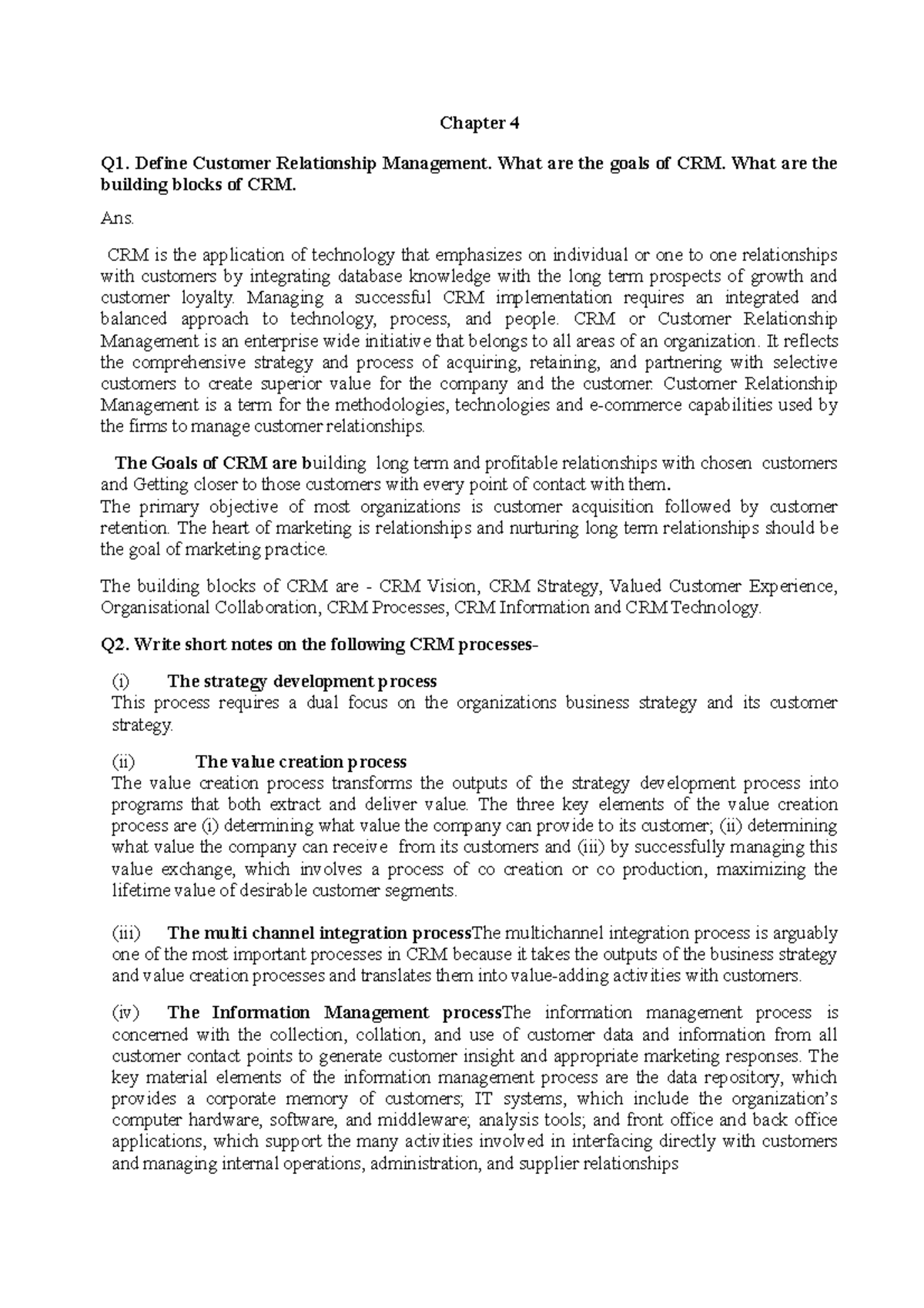 Crm - Lecture notes for MBA - Chapter 4 Q1. Define Customer ...