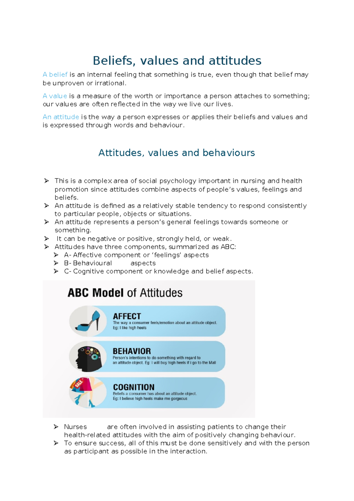 Attitudes, values, and beliefs notes - Beliefs, values and attitudes A ...