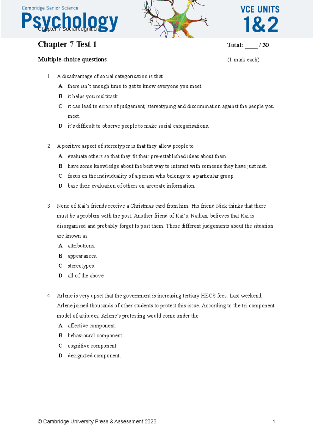 U2AOS1 Practice Questions Part 1 - Marking guide - Chapter 7 Test 1 ...