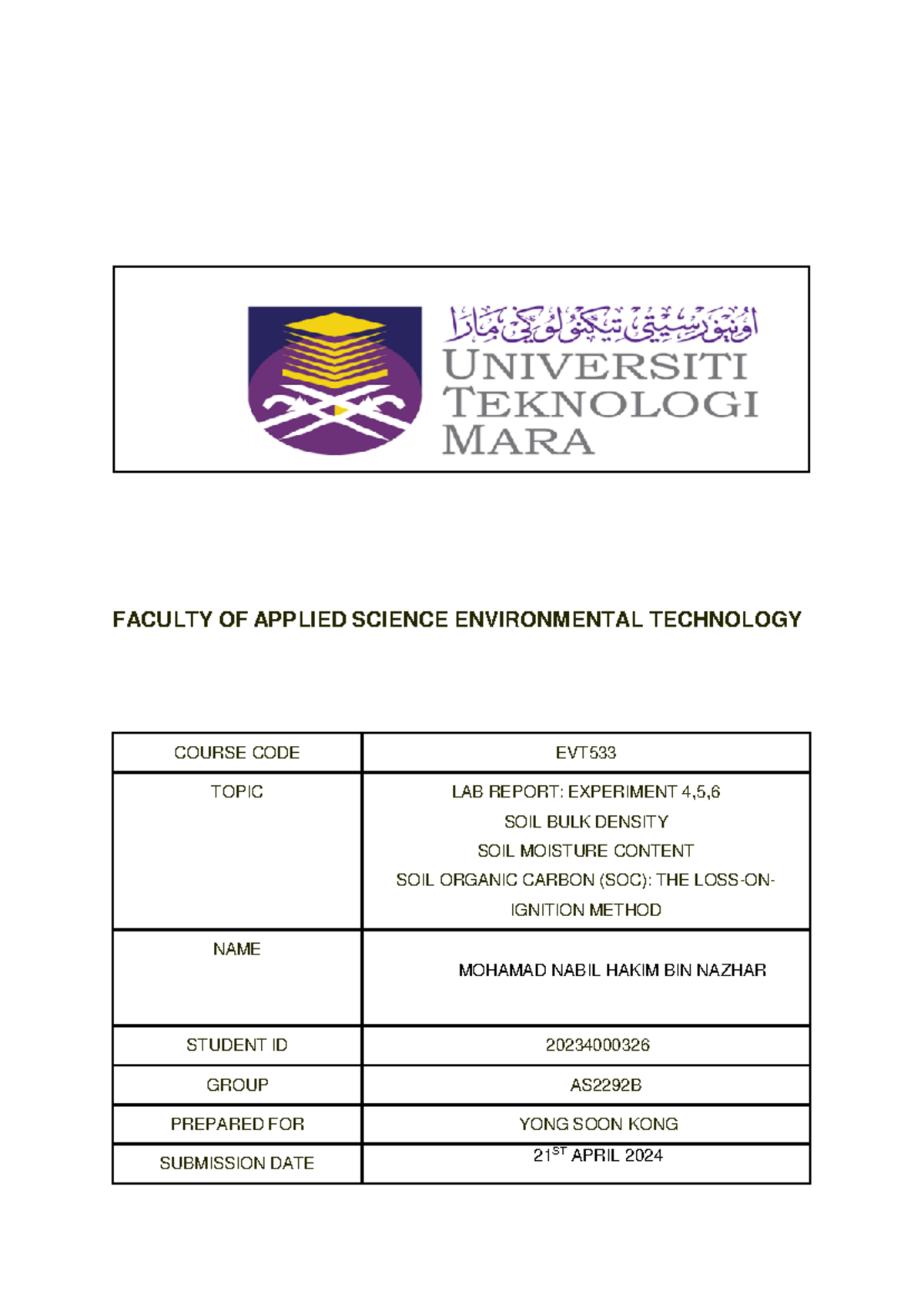EVT533 LAB Report Experiment 456 - FACULTY OF APPLIED SCIENCE ...