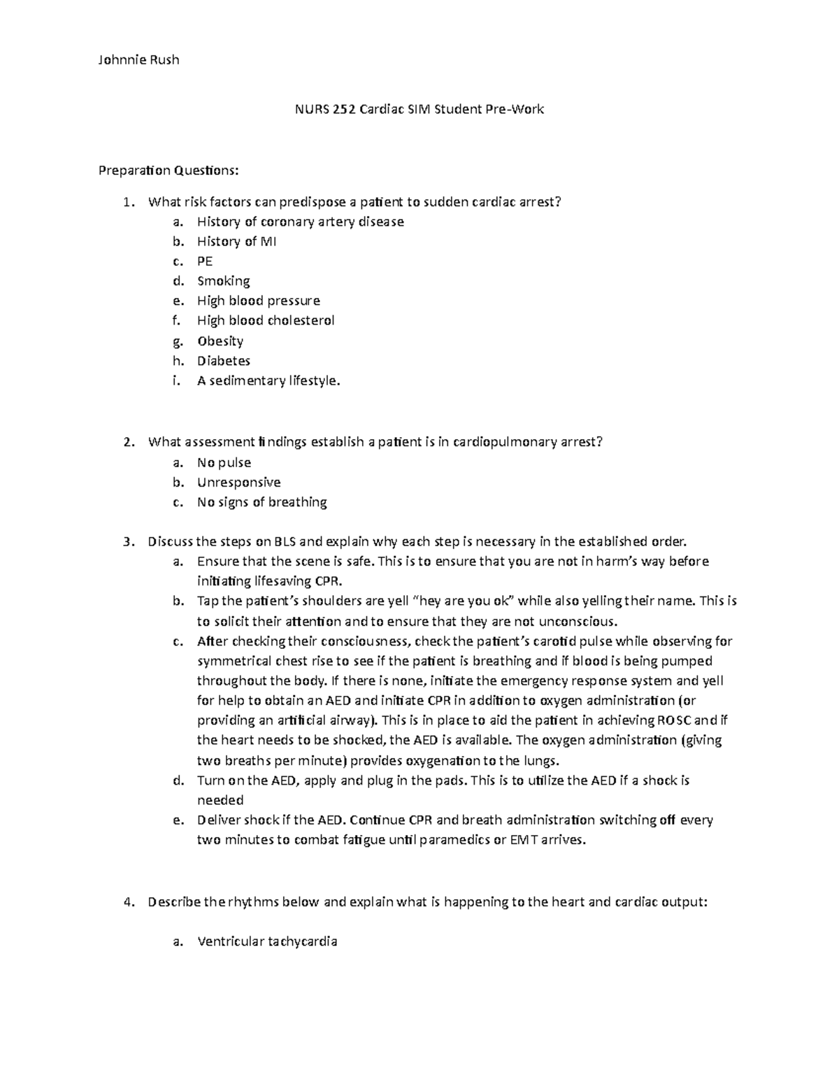 Pre Code Cardiac Simulation Paperwork - NURS 252 Cardiac SIM Student ...