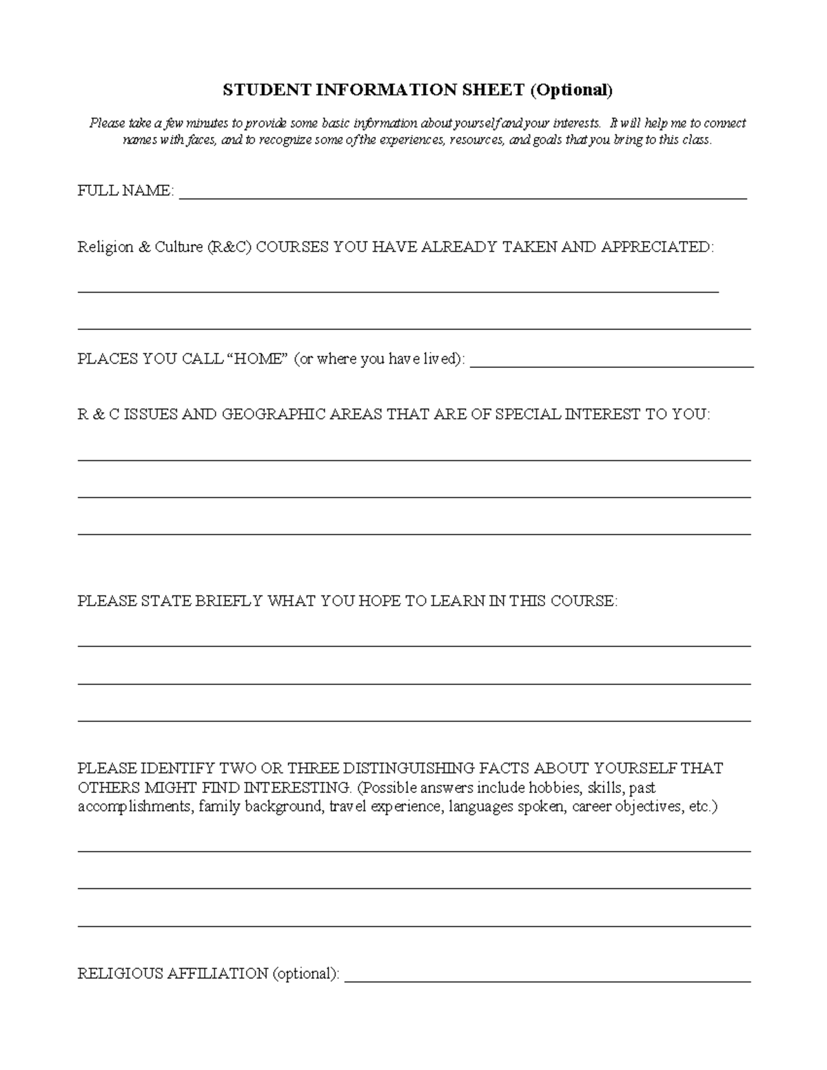 January 9th Handout-Student Information Sheet - STUDENT INFORMATION ...