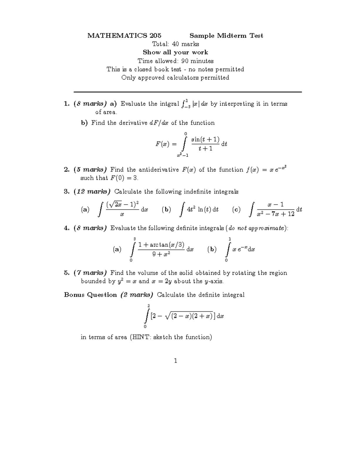 2011 Sample Midterm - Exam/Practice - MATHEMATICS 205 Sample Midterm ...