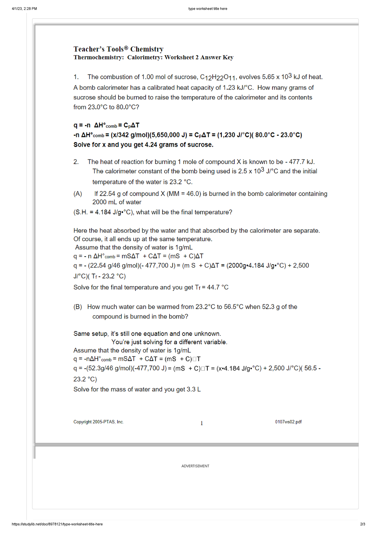 Enthalpy Calorimetry Chem Worksheet 16-4 at Caitlyn Buvelot blog