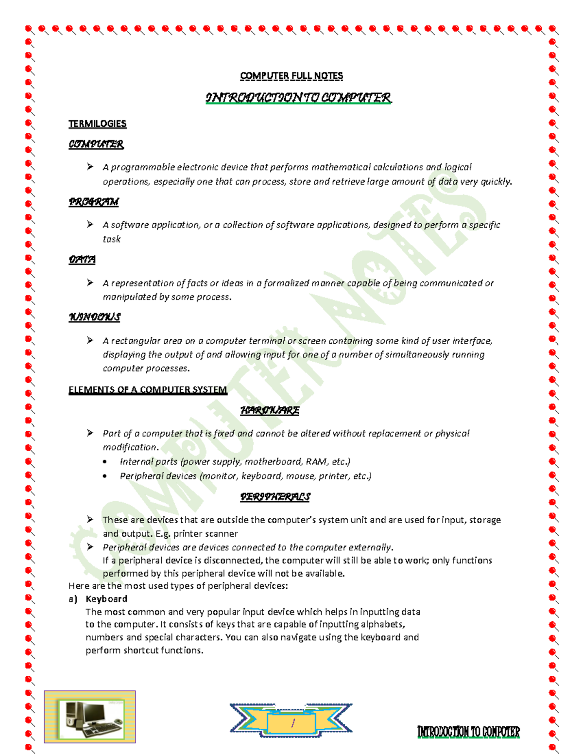 Computer Studies Notes - 1 COMPUTER FULL NOTES INTRODUCTION TO COMPUTER ...