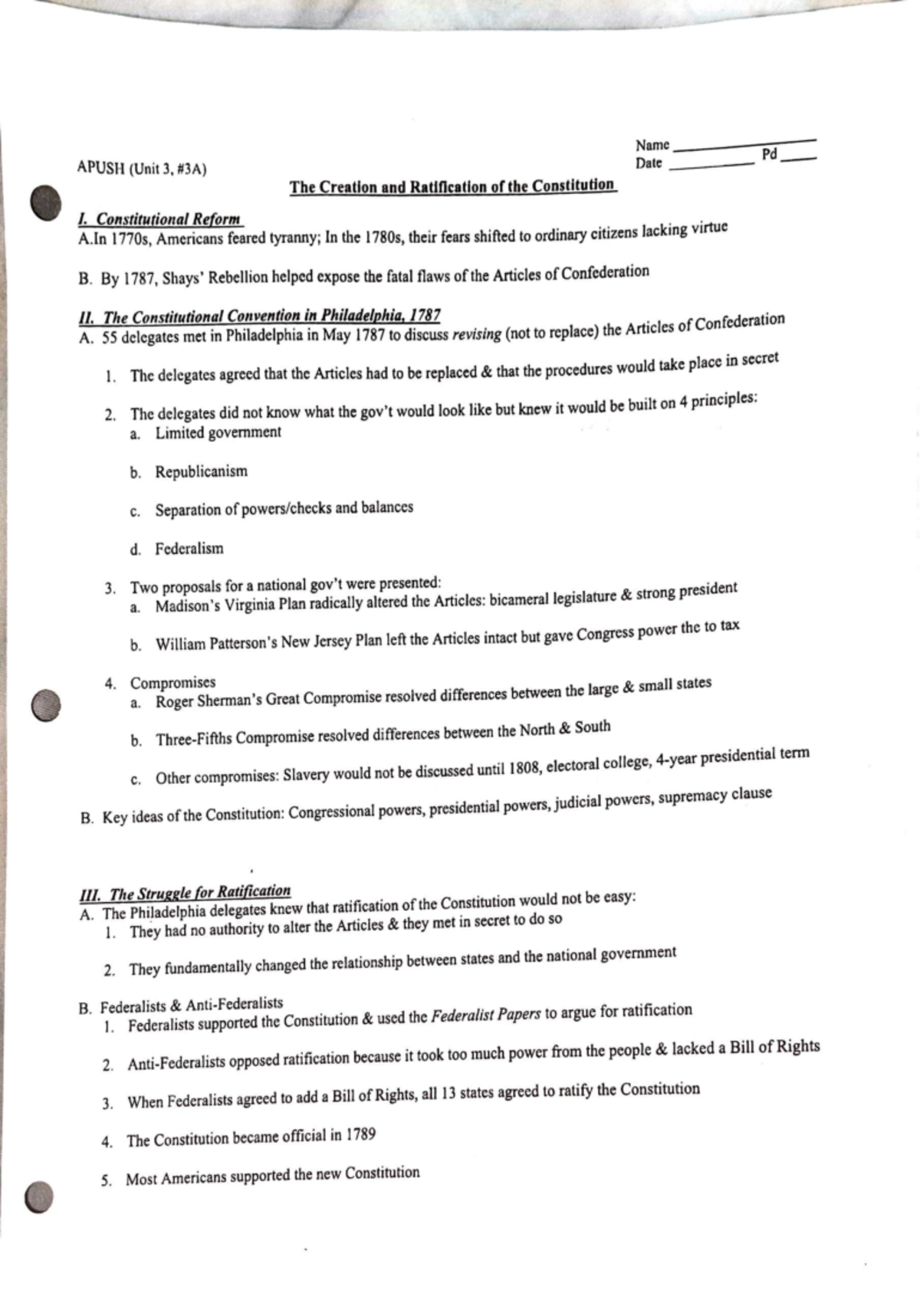 The creation and ratification of the constitution - • APUSH (Unit 3 ...
