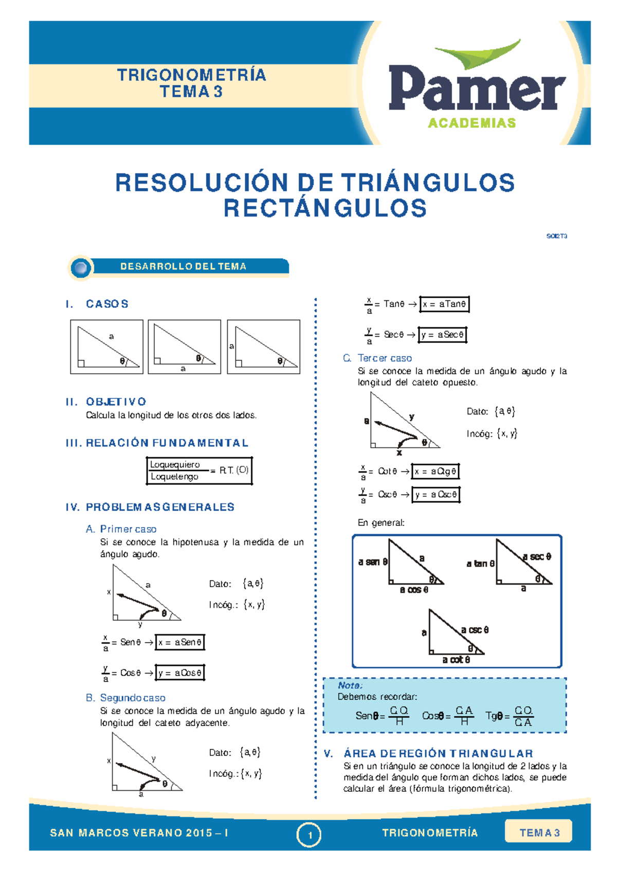 T S3 Resolucion de triangulos rectángulo - S AN MAR COS VE R AN O 2 015 ...