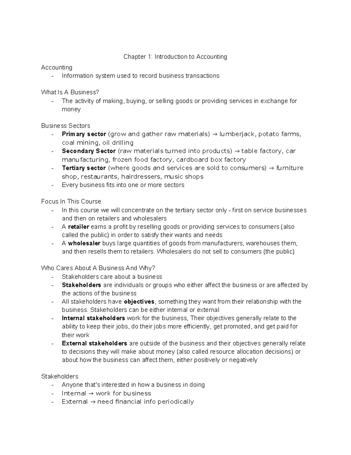 Copy of ACC100 Notes - Chapter 1: Introduction to Accounting Accounting ...