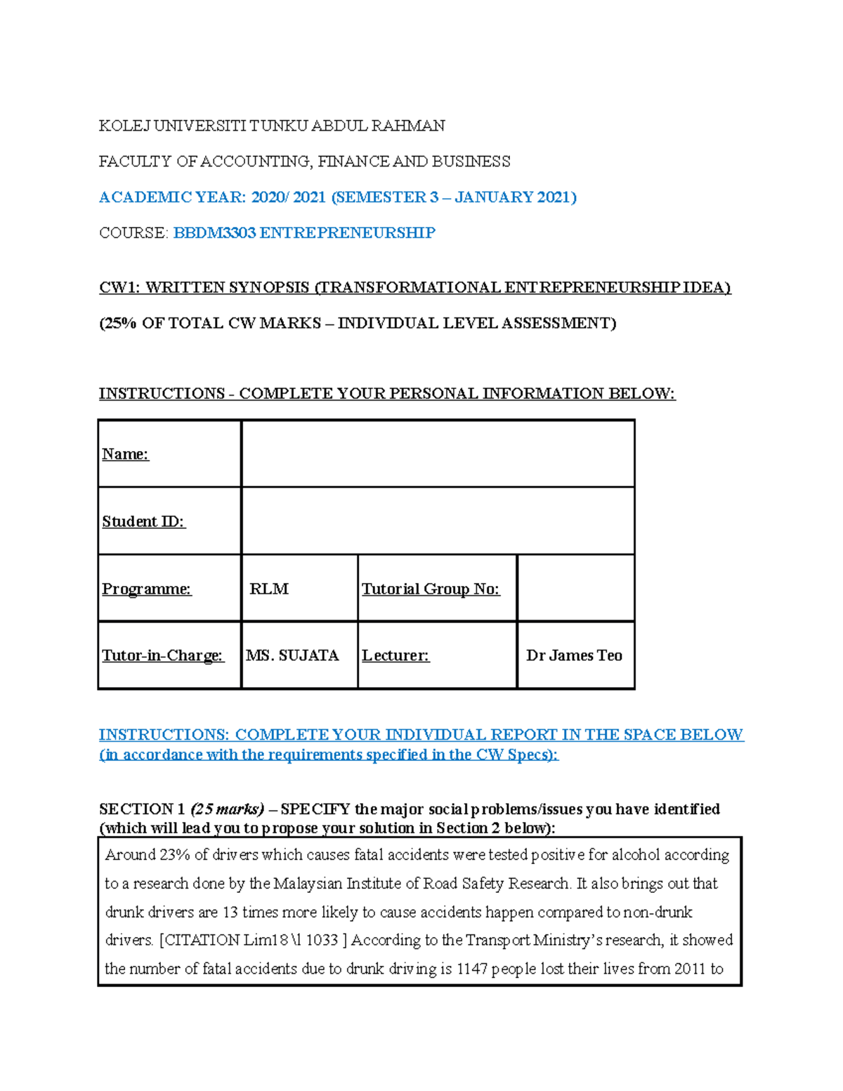 CW1-BBDM3303 Entrepreneurship - KOLEJ UNIVERSITI TUNKU ABDUL RAHMAN ...
