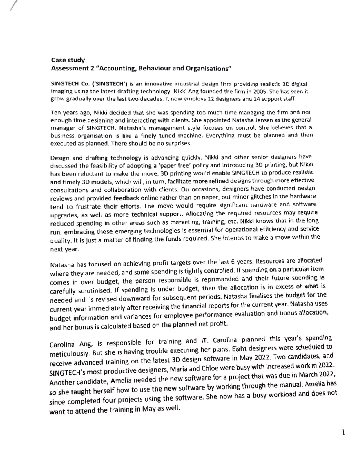 Assignment 2 Question - Case study Assessment 2 "Accounting, Behaviour ...