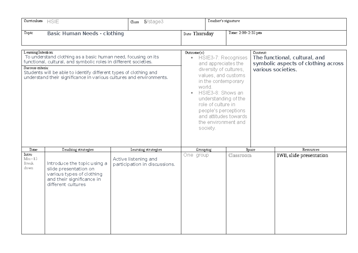 HSIE Lesson 3 - Curriculum HSIE Class 5 /stage3 Teacher’s signature ...