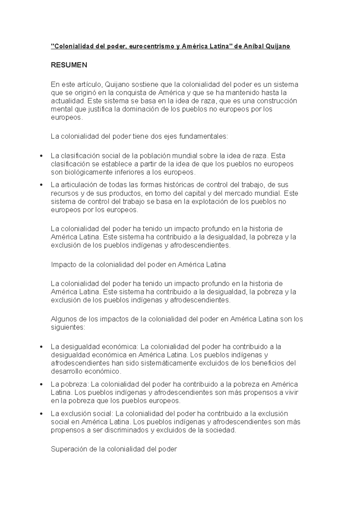 Sintesis - Anibal-Quijano-Colonialidad-del-poder - "Colonialidad del ...