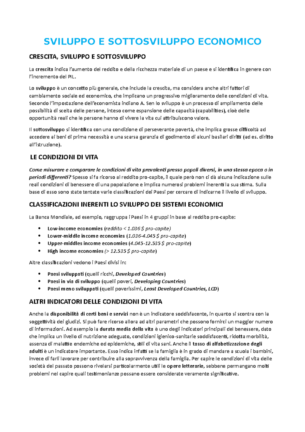 Sviluppo E Sottosviluppo Economico - SVILUPPO E SOTTOSVILUPPO ECONOMICO ...