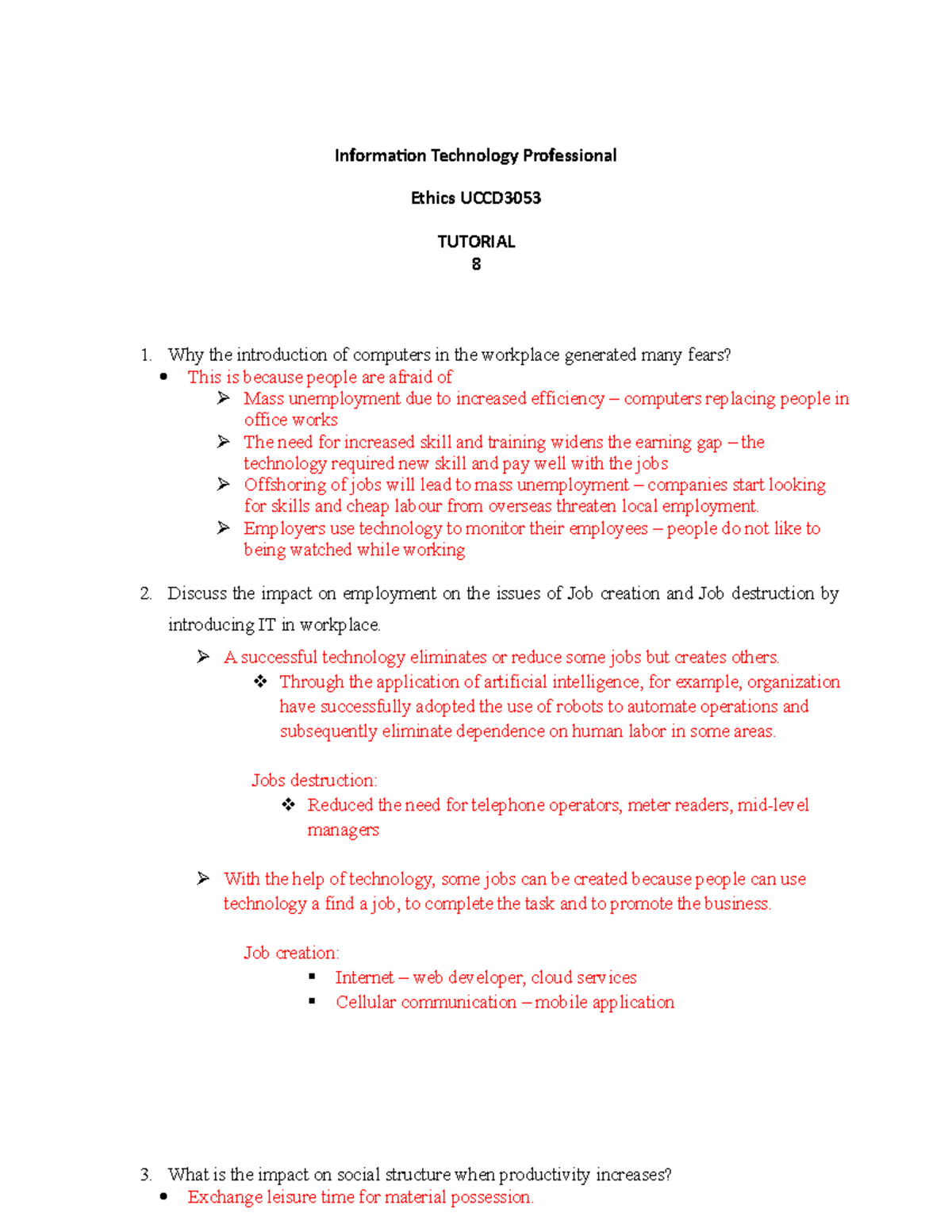 Tutorial 8 - UCCD3053 Information Technology Professional Ethics - Information Technology - Studocu
