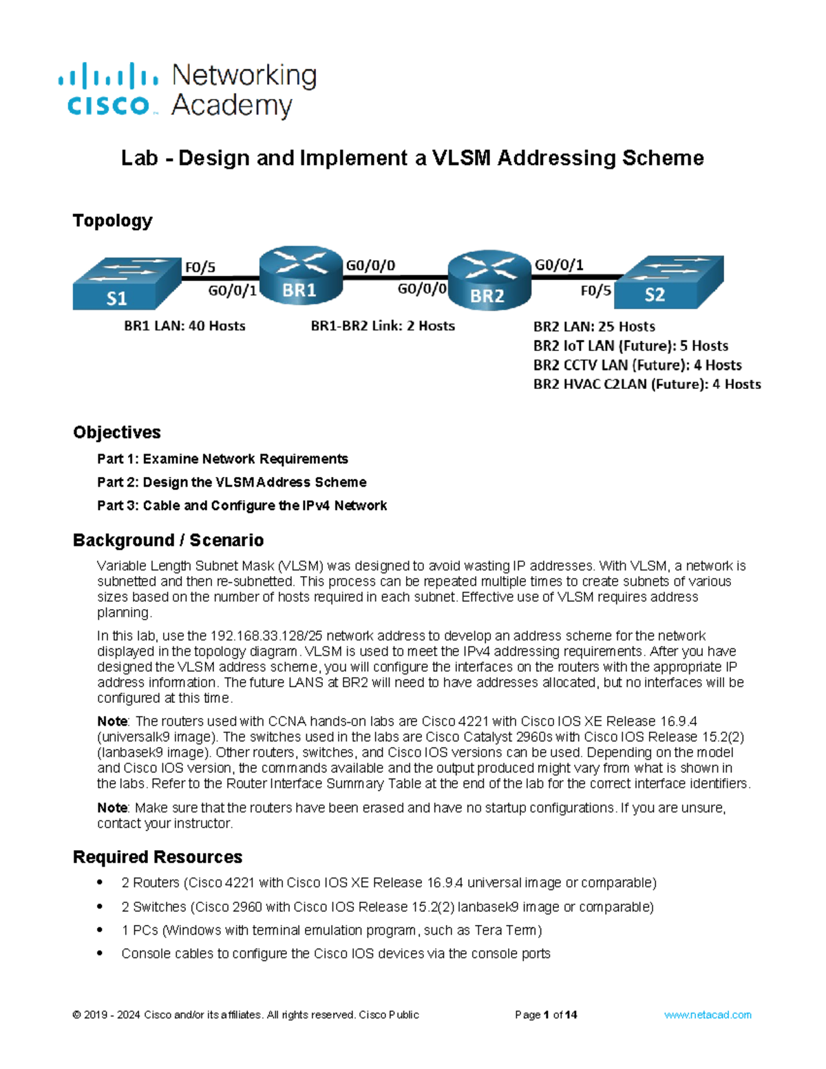 Lab 6 - Design and Implement a VLSM Addressing Scheme - Topology Objectives Part 1: Examine ...
