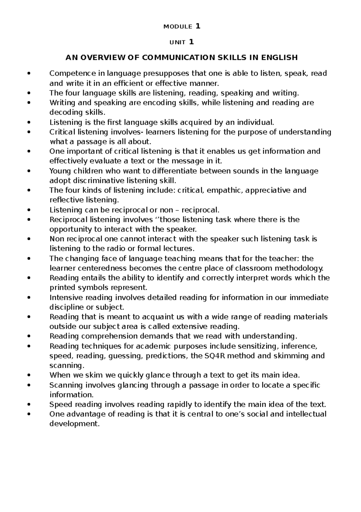 GES 100 summary-1-1 - summary notes on english - MODULE 1 UNIT 1 AN ...