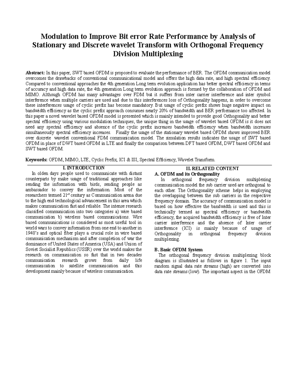 Modulation To Improve Bit Error Rate Performance By Analysis Of Stationary And Discrete Wavelet