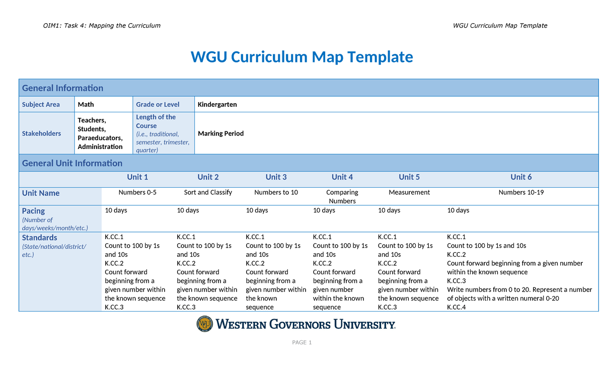 OIM1 Task 4 WGU Curriculum Map - WGU Curriculum Map Template General ...