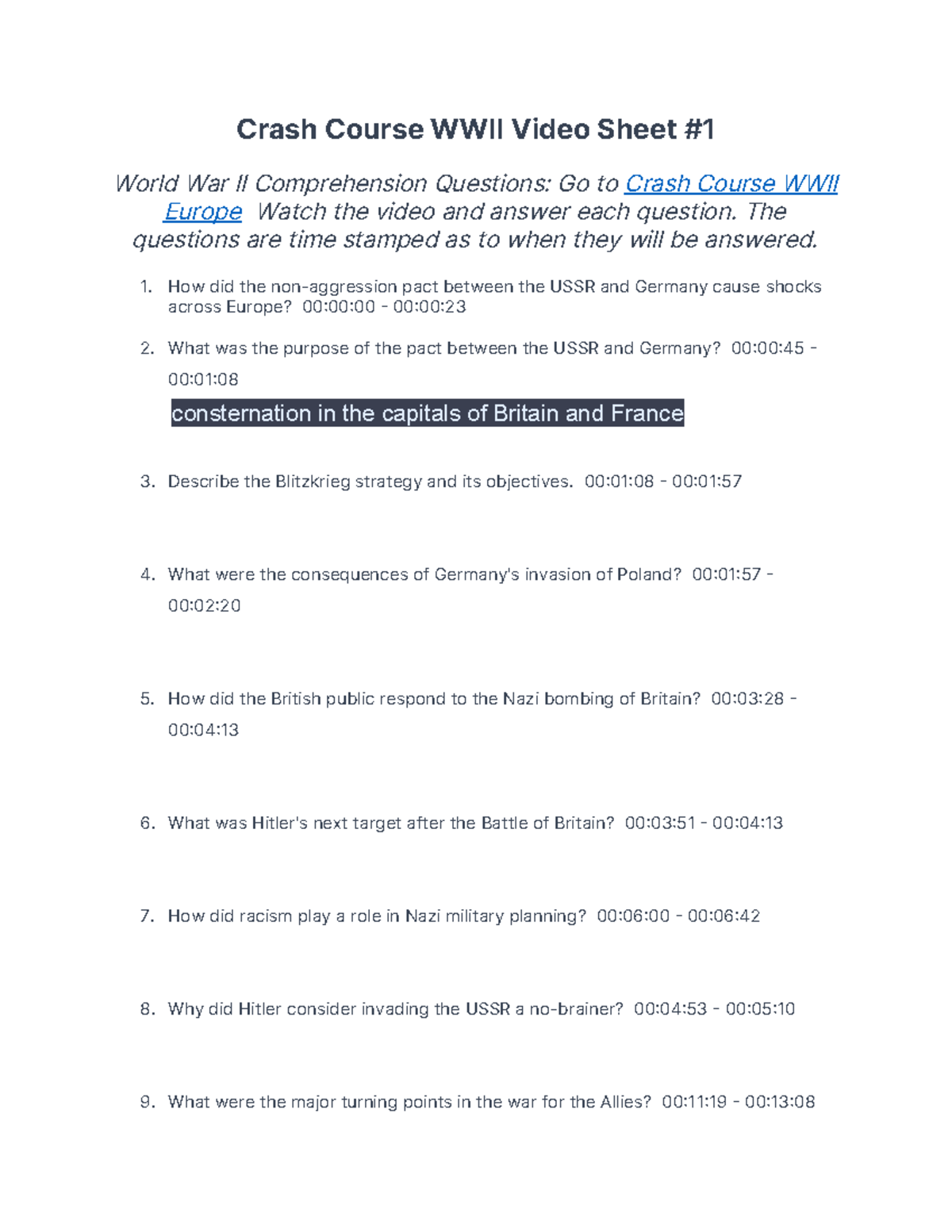 Crash+Course+WWII+Video+Sheet - Crash Course WWII Video Sheet World War ...