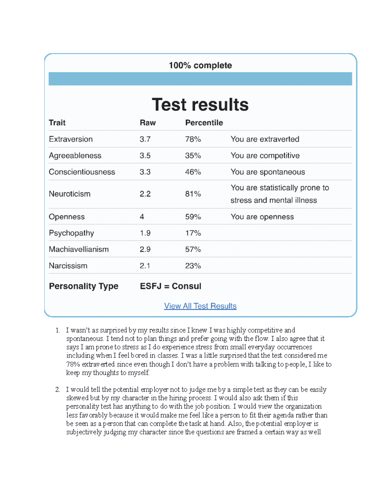 Impact of Personality Test Results on Academic and Professional ...