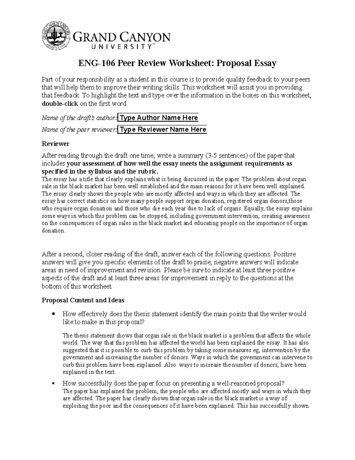PEER REVIEW WORKSHEET - ENG-106 Peer Review Worksheet: Proposal Essay ...