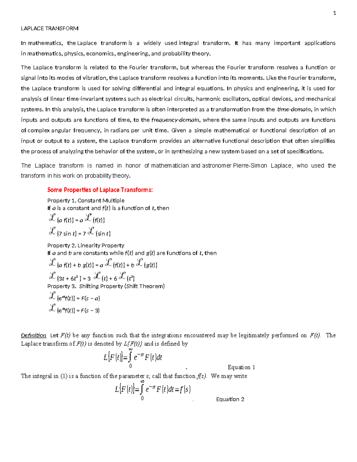 Laplace-Lecture-Notes - LAPLACE TRANSFORM In mathematics, the Laplace ...