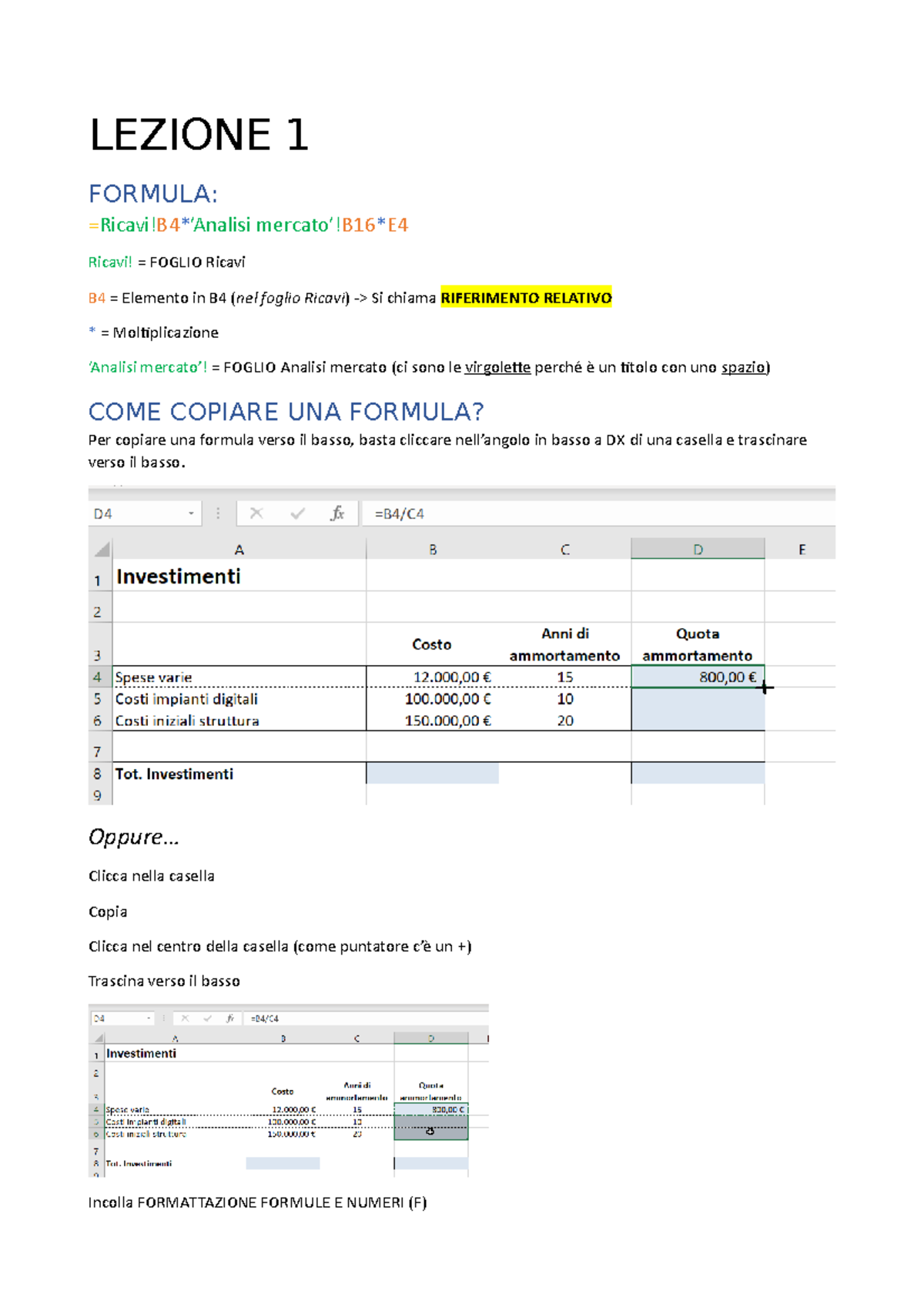 30424 Computer Science EXCEL appunti Lezioni 1-2 - LEZIONE 1 FORMULA ...