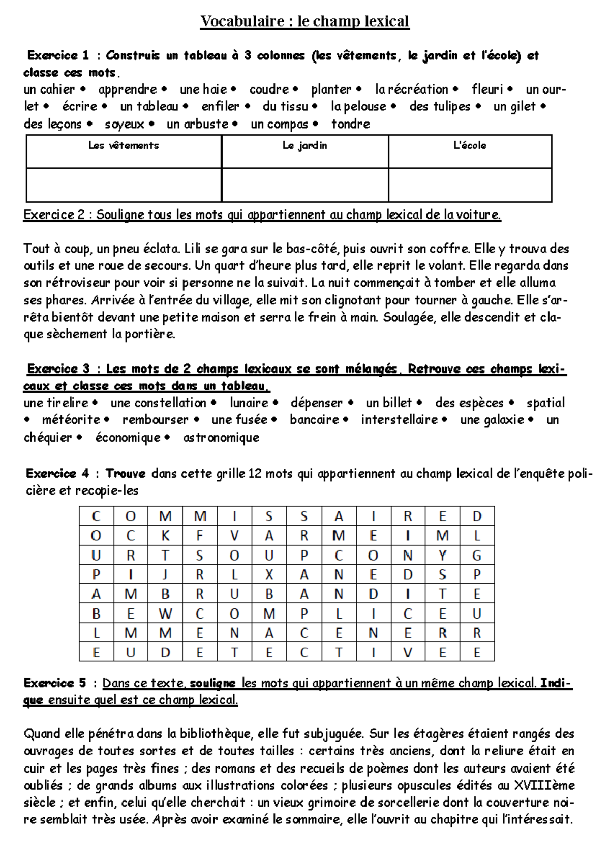 Le champ lexical exercices CM1B - Exercice 1 : Construis un tableau à 3 ...