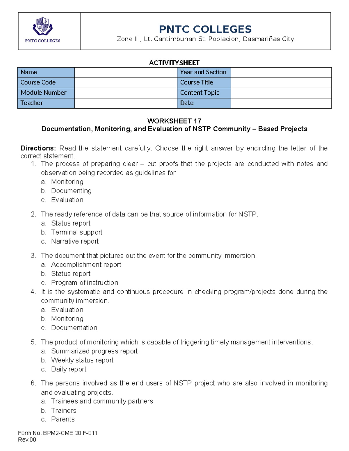 Workshett 17 - . ............ - PNTC COLLEGES Zone III, Lt. Cantimbuhan ...