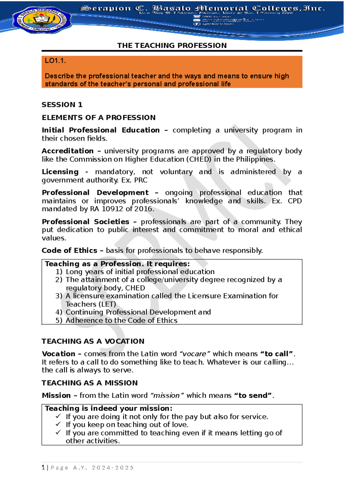 Handouts 1 Teaching Prof - THE TEACHING PROFESSION LO1. Describe the ...
