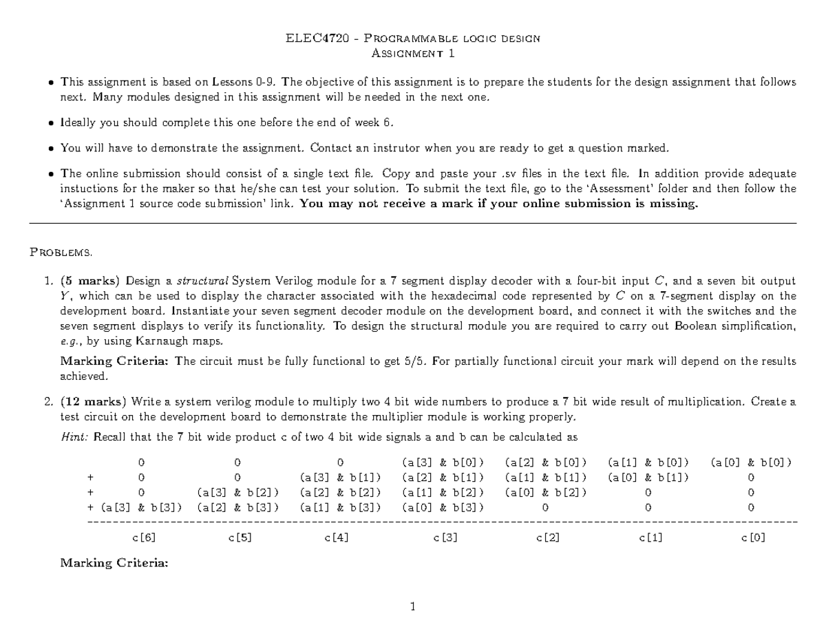 Assignment 1 - ELEC4720 - Programmable logic design Assignment 1 This ...
