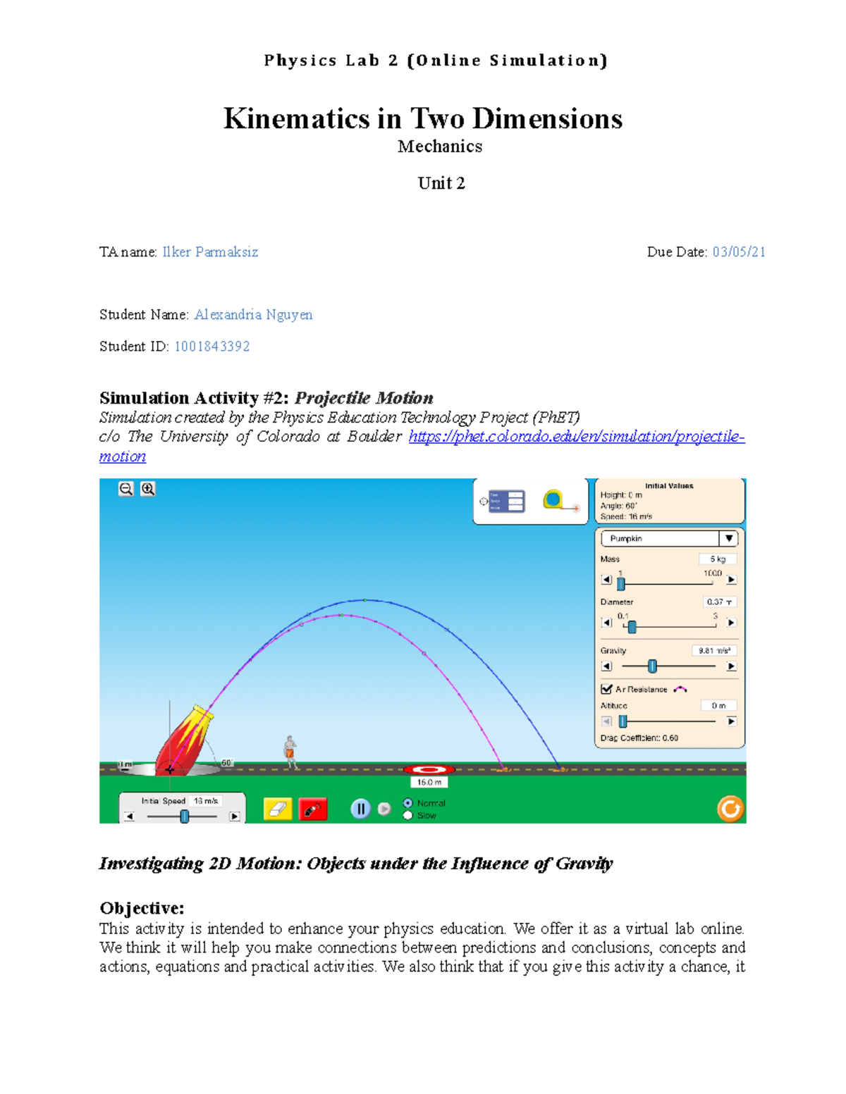 Lab-2 Knematics 2-D Online - Kinematics in Two Dimensions Mechanics ...