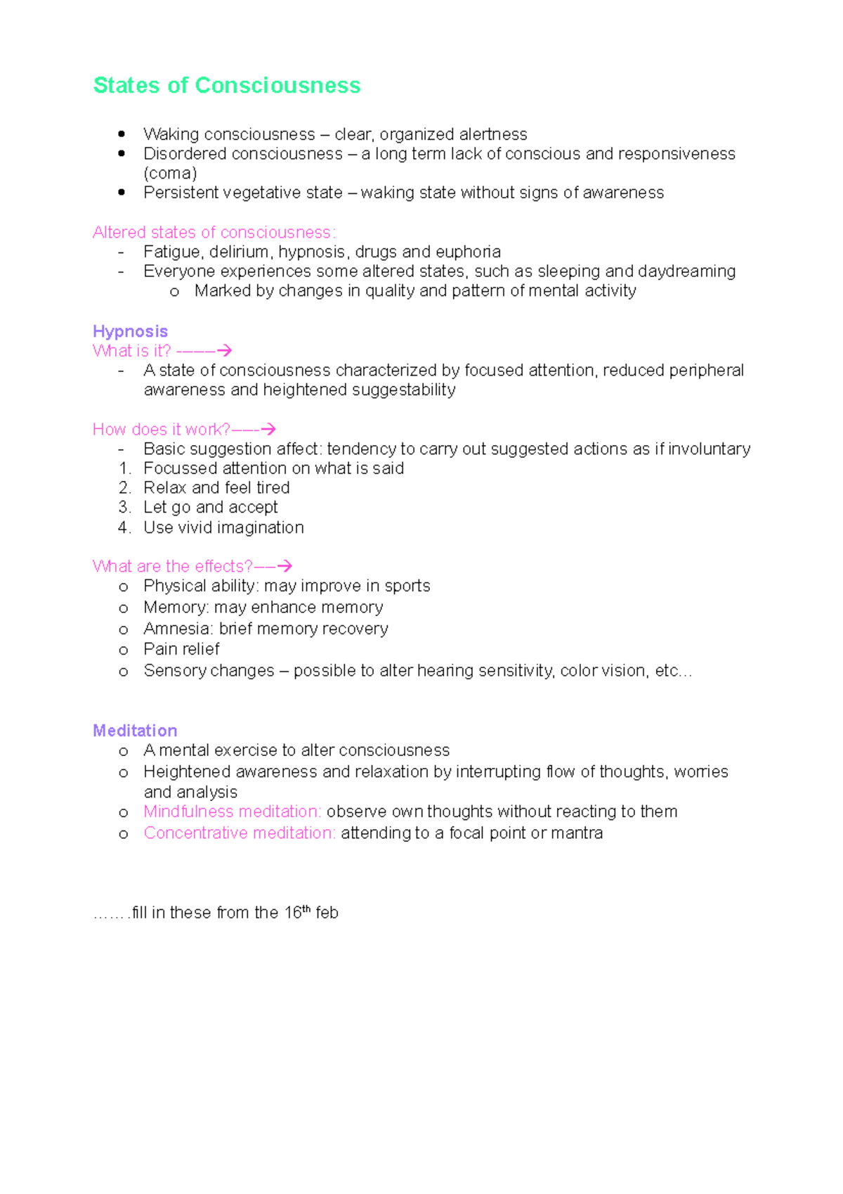 States of Consciousness notes - States of Consciousness Waking ...
