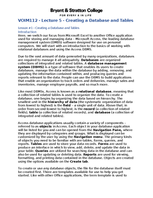 VOIM112 - Lecture 6 - Using Design View, Data Validation, and Relationships - Tables are created ...