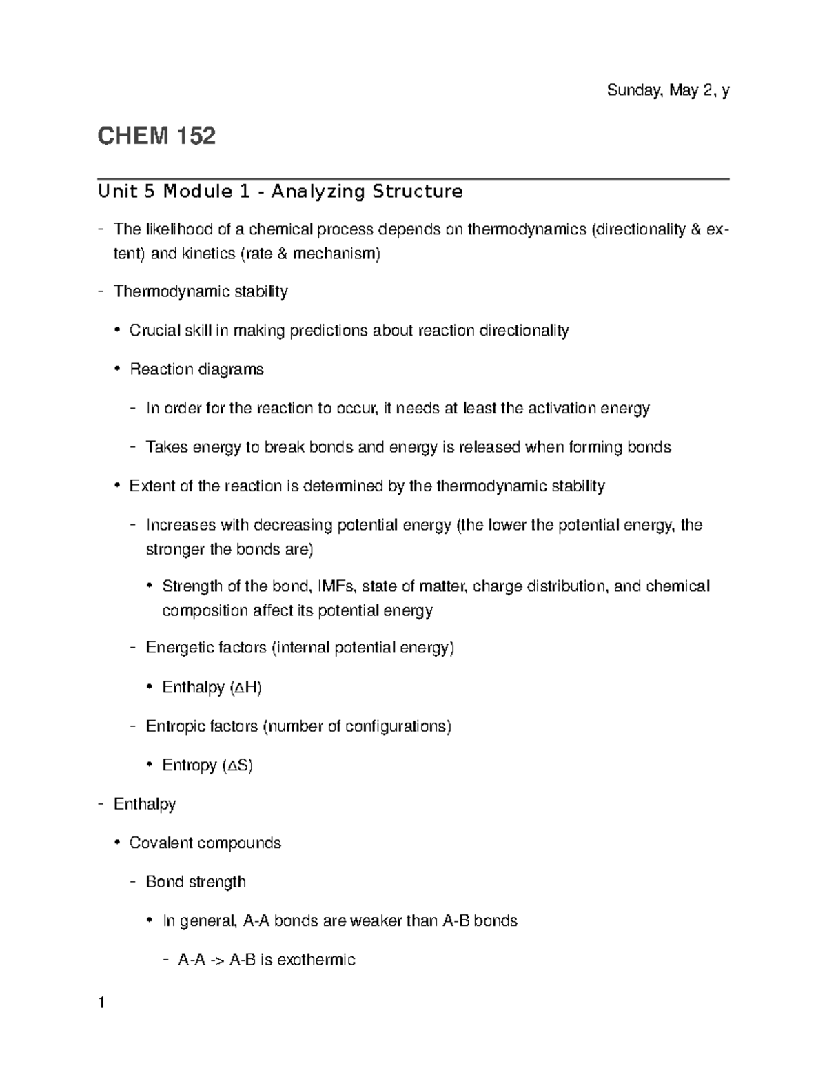 Unit 5 Module 1 - Lecture notes 1 - Wednesday, April 24, y CHEM 152 ...