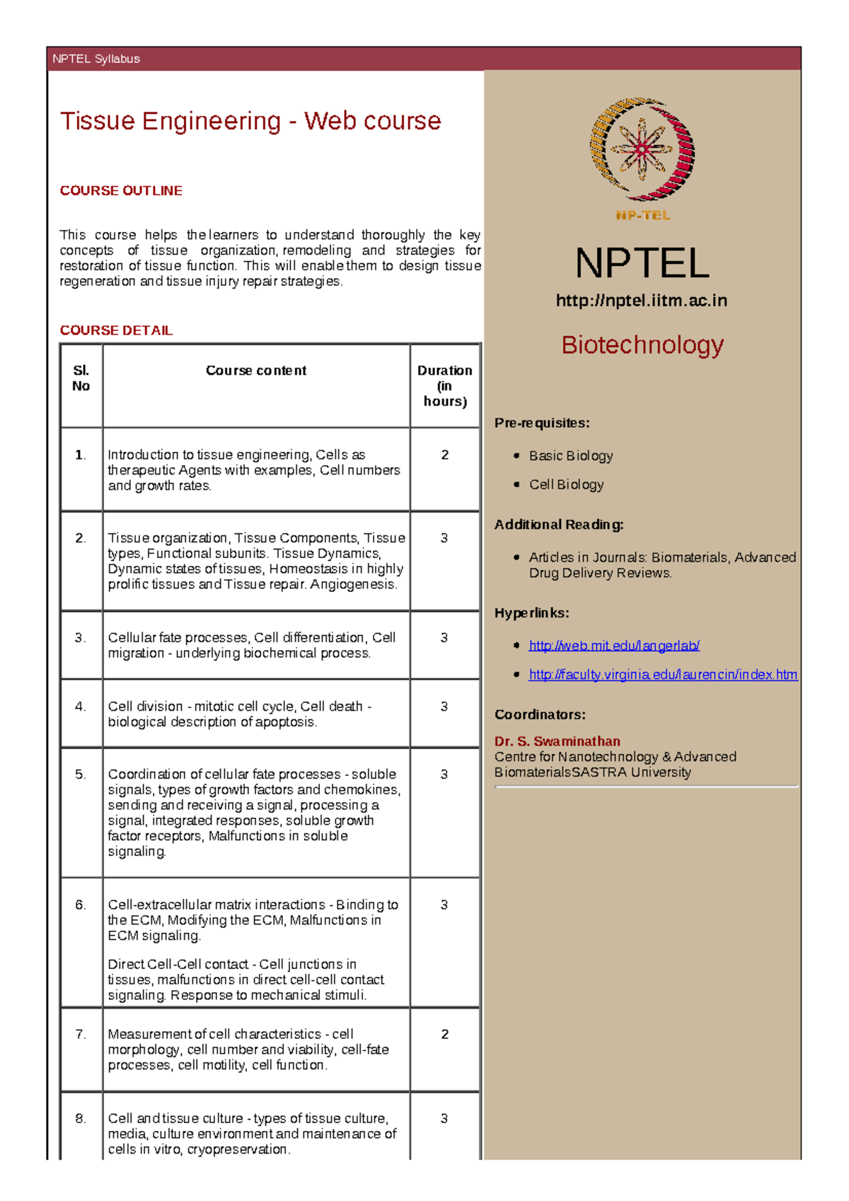 Course details - Tissue Engineering - NPTEL Syllabus Tissue Engineering ...