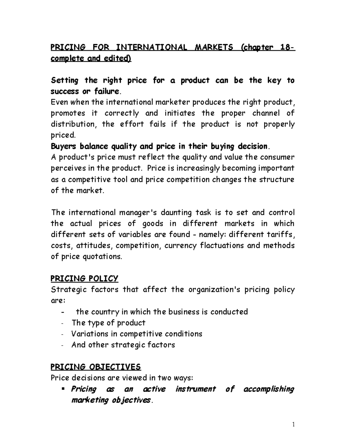 Pricing FOR International Markets (chapter 18-complete and edited) - PRICING FOR INTERNATIONAL ...