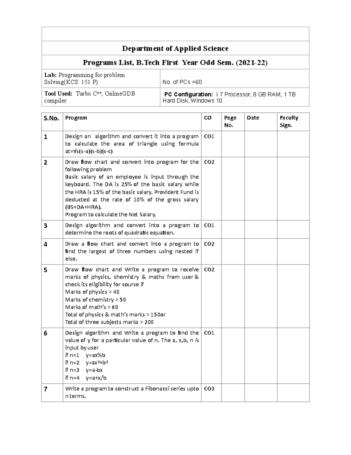 Program List for students - Department of Applied Science Programs List ...