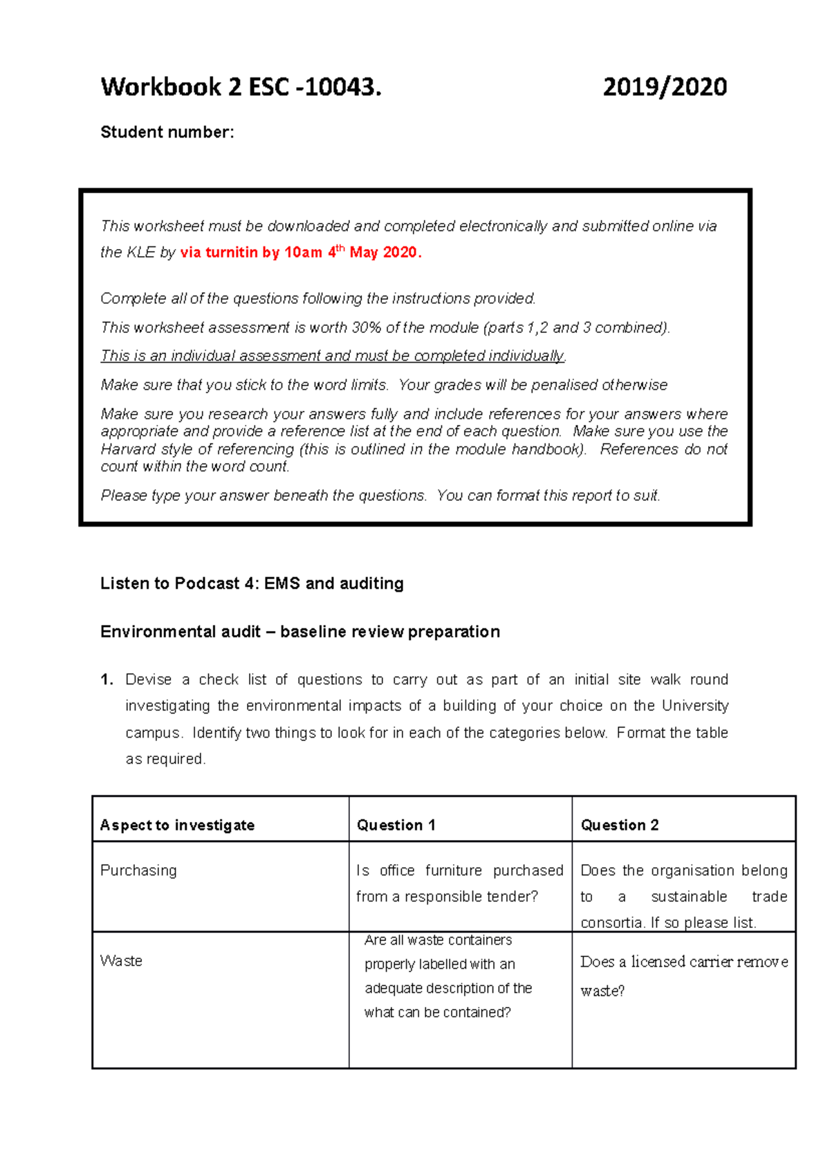 Workbook 2 ESC-10043 2020 - Student number: This worksheet must be ...